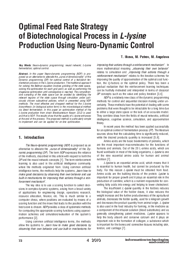 (PDF) Optimal Feed Rate Strategy of Biotechnological Process in L-lysine Production Using Neuro ...