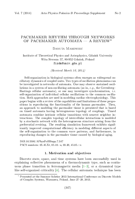 (PDF) Pacemaker Rhythm Through Networks of Pacemaker Automata --- a Review