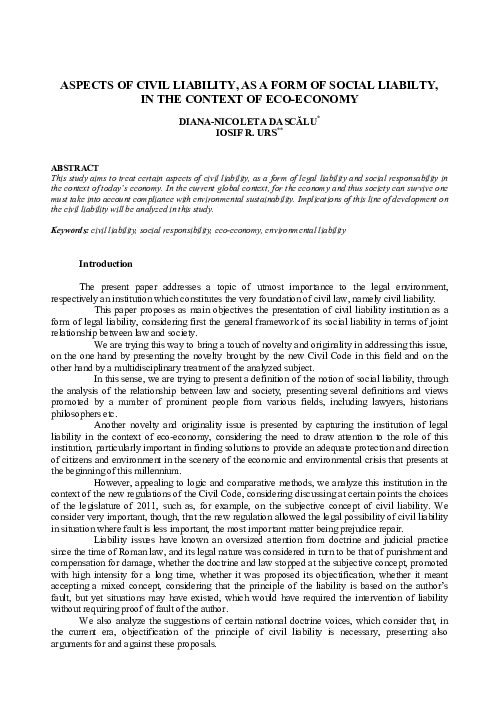 (PDF) Aspects of Civil Liability, as a Form of Social Liabilty, in the ...
