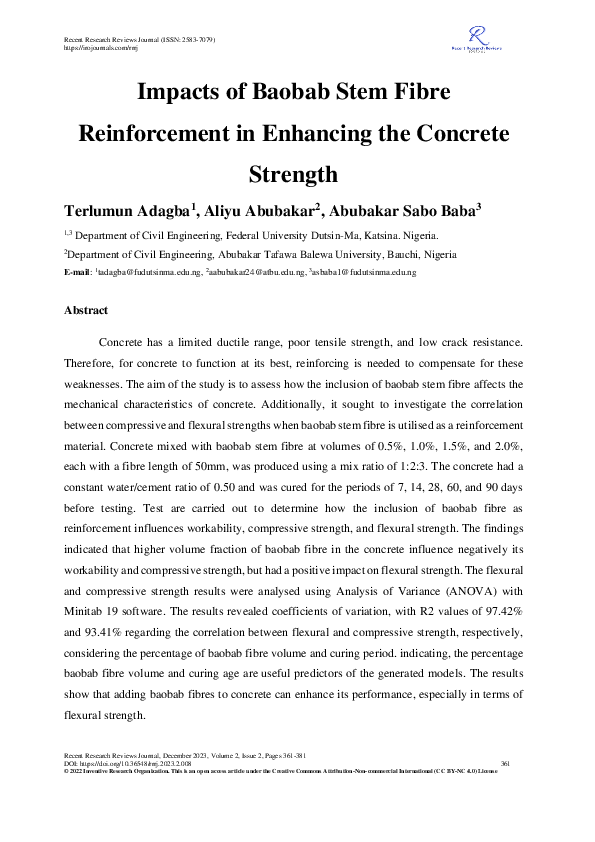 (PDF) Baobab Stem Fibre as Reinforcement to Improve Concrete Strength