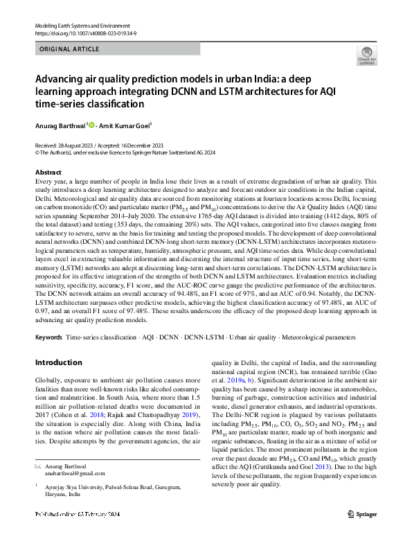Pdf Advancing Air Quality Prediction Models In Urban India A Deep Learning Approach