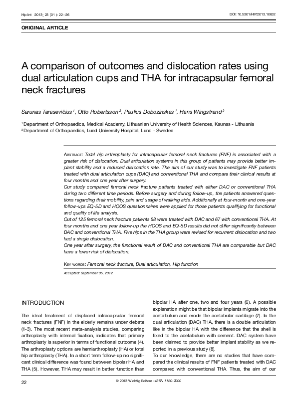 Pdf A Comparison Of Outcomes And Dislocation Rates Using Dual Articulation Cups And Tha For