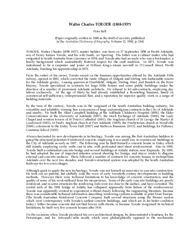 (PDF) Biography of Adelaide builder Walter Torode (1858-1937)