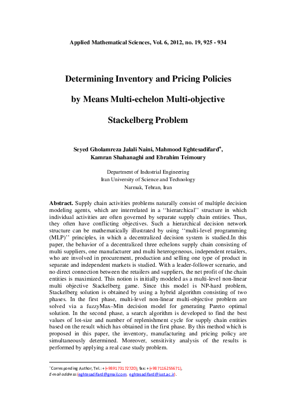 Pdf Determining Inventory And Pricing Policies By Means Multi Echelon