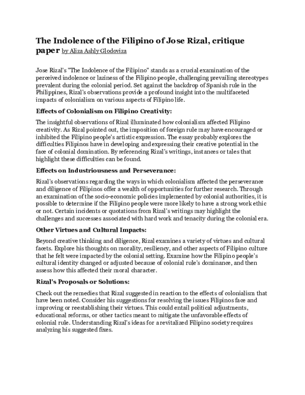 (PDF) The Indolence of the Filipino of Jose Rizal, critique paper