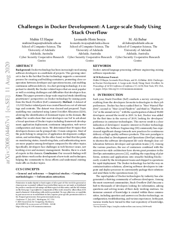 (PDF) Challenges in Docker Development: A Large-scale Study Using Stack Overflow