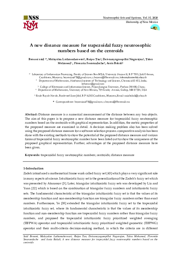 (PDF) A new distance measure for trapezoidal fuzzy neutrosophic numbers ...