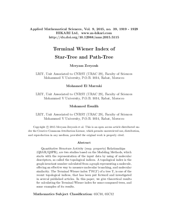 (PDF) Terminal Wiener index of star-tree and path-tree