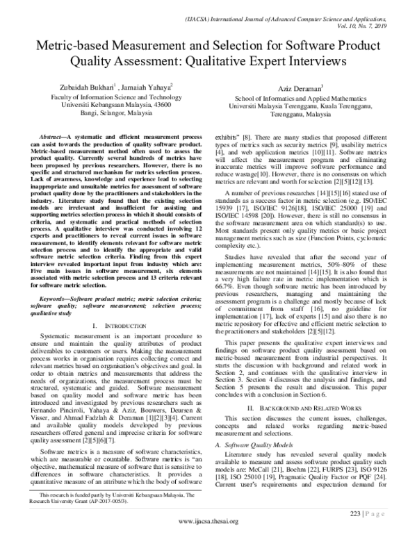 (PDF) Metric-based Measurement and Selection for Software Product Quality Assessment ...