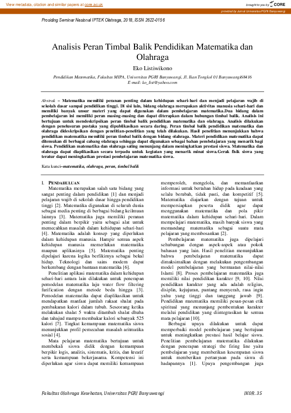 (PDF) Analisis Peran Timbal Balik Pendidikan Matematika dan Olahraga