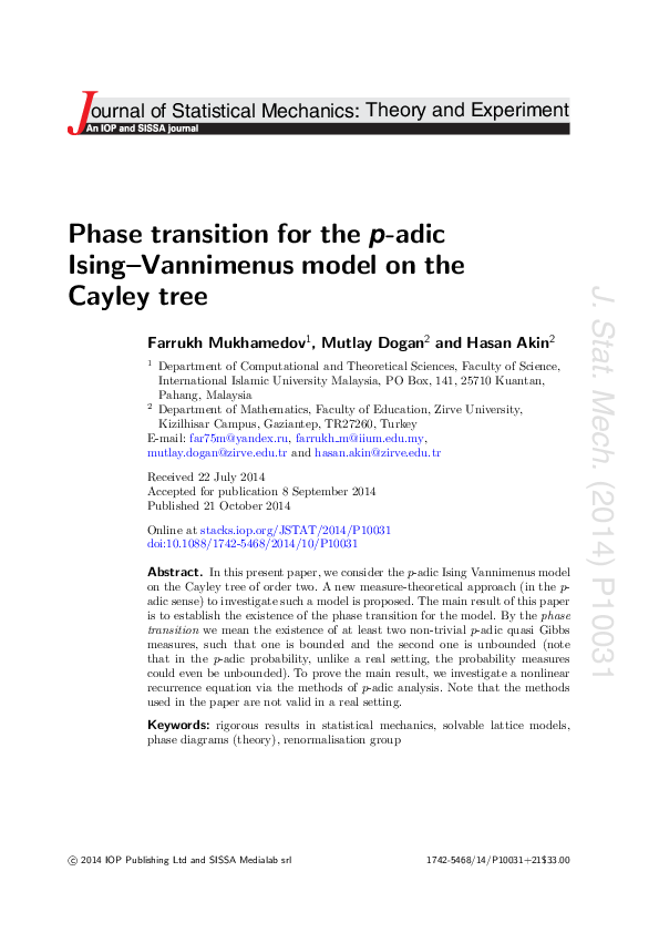 (PDF) Phase transition for the p -adic Ising–Vannimenus model on the Cayley tree