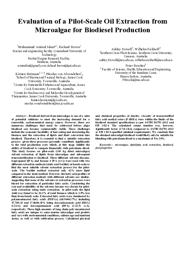 (PDF) Evaluation of a pilot-scale oil extraction from microalgae for biodiesel production