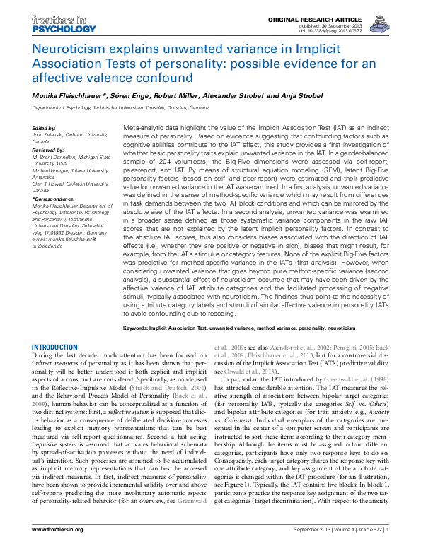 (PDF) Neuroticism explains unwanted variance in Implicit Association ...