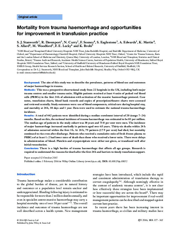 (PDF) Mortality from trauma haemorrhage and opportunities for improvement in transfusion practice