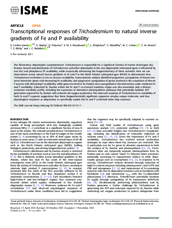 (PDF) Transcriptional responses of Trichodesmium to natural inverse ...