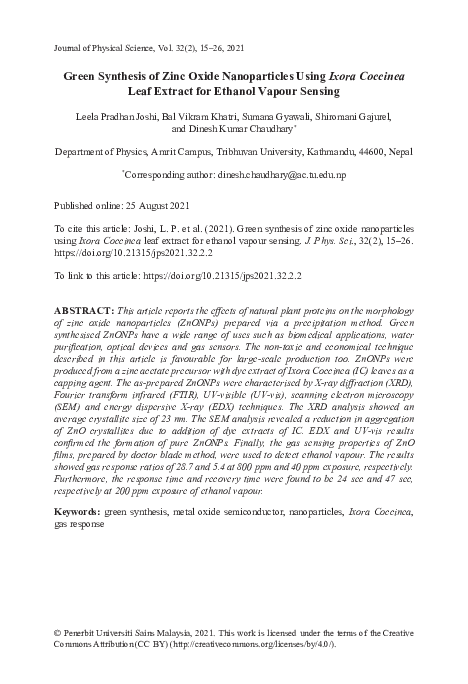 (PDF) Green Synthesis of Zinc Oxide Nanoparticles Using Ixora Coccinea Leaf Extract for Ethanol ...