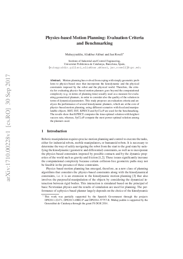 (PDF) Physics-Based Motion Planning: Evaluation Criteria and Benchmarking