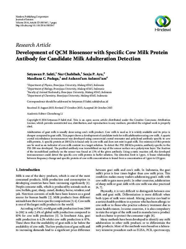 (PDF) Development of QCM Biosensor with Specific Cow Milk Protein ...