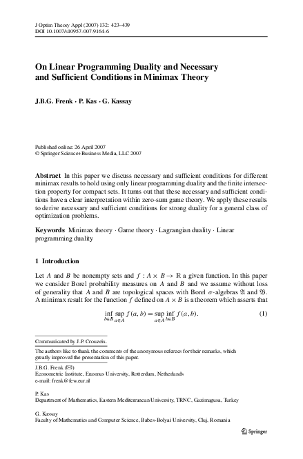 Pdf On Linear Programming Duality And Necessary And Sufficient Conditions In Minimax Theory