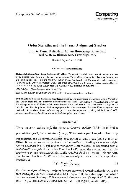 Pdf Order Statistics And The Linear Assignment Problem 