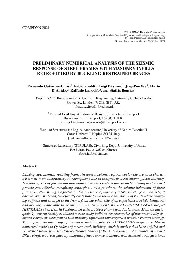 Pdf Preliminary Numerical Analysis Of The Seismic Response Of Steel Frames With Masonry