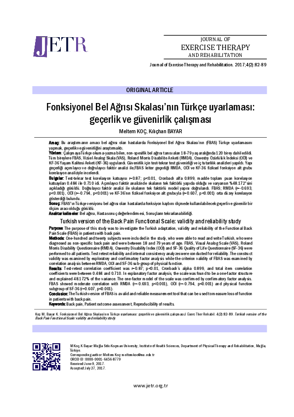 (PDF) Turkish version of the Back Pain Functional Scale: validity and ...
