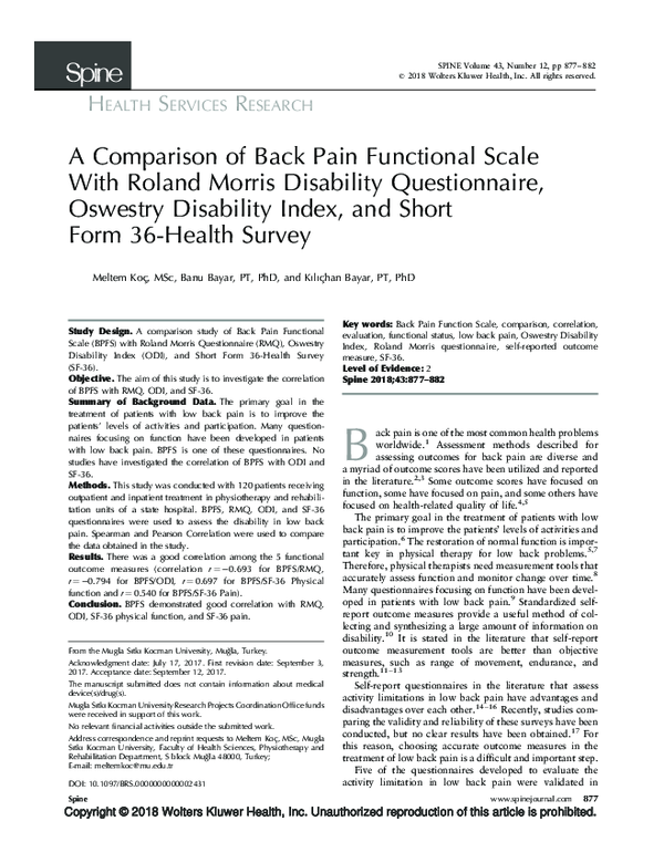 (PDF) A Comparison of Back Pain Functional Scale With Roland Morris ...