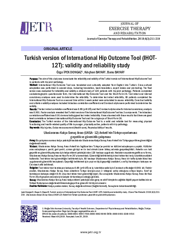 (PDF) Turkish version of International Hip Outcome Tool (IHOT12T ...