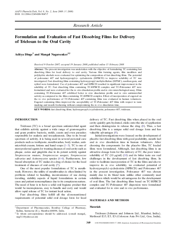 (PDF) Formulation and Evaluation of Fast Dissolving Films for Delivery ...