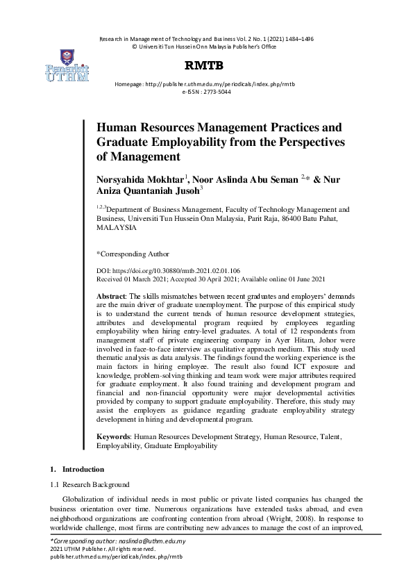 (PDF) Human Resources Management Practices and Graduate Employability from the Perspectives of ...