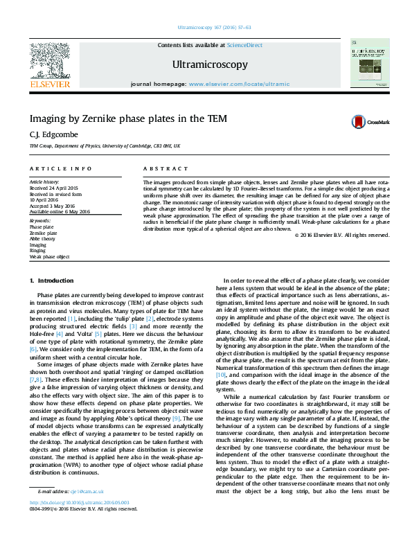 (PDF) Imaging by Zernike phase plates in the TEM