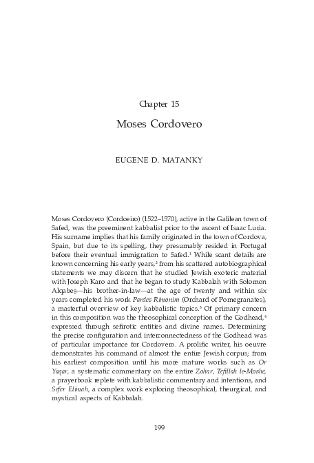 (PDF) Eugene D. Matanky, “Moses Cordovero,” in Jewish Virtue Ethics ...