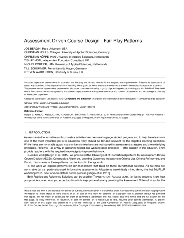 (PDF) Assessment-driven course design: fair play patterns