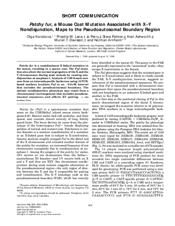 (PDF) Patchy fur,a Mouse Coat Mutation Associated with X–Y ...