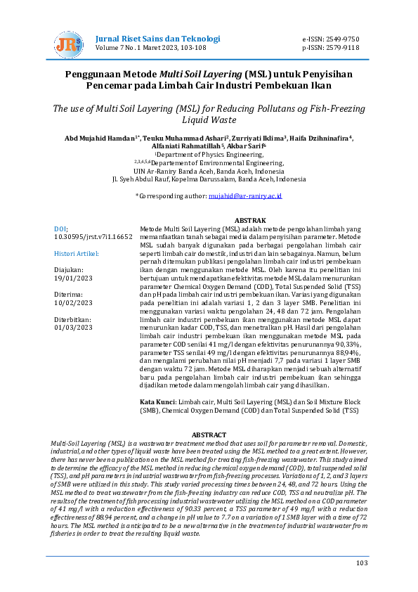 (PDF) Penggunaan Metode Multi Soil Layering (MSL) untuk Penyisihan Pencemar pada Limbah Cair ...