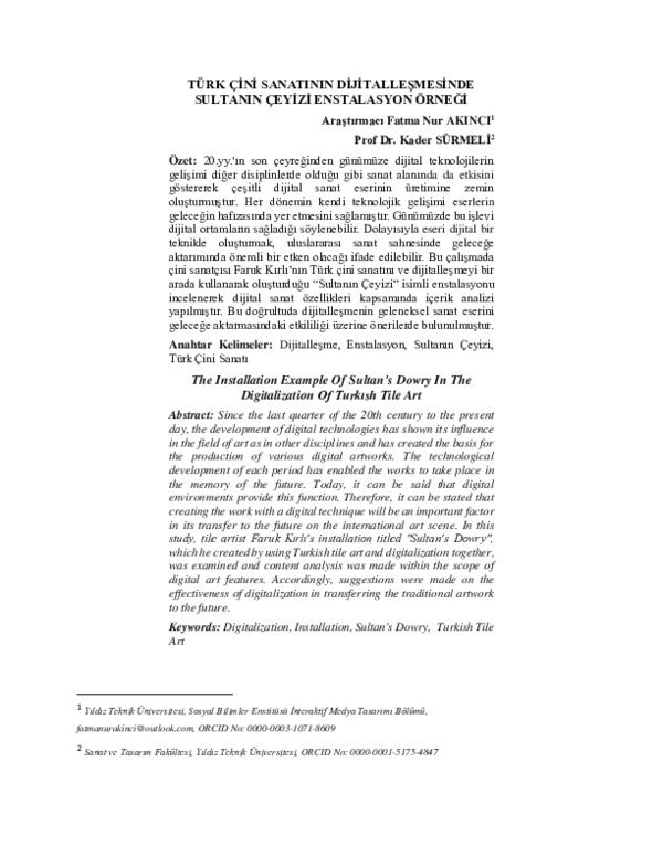(PDF) TÜRK ÇİNİ SANATININ DİJİTALLEŞMESİNDE SULTANIN ÇEYİZİ ENSTALASYON ...