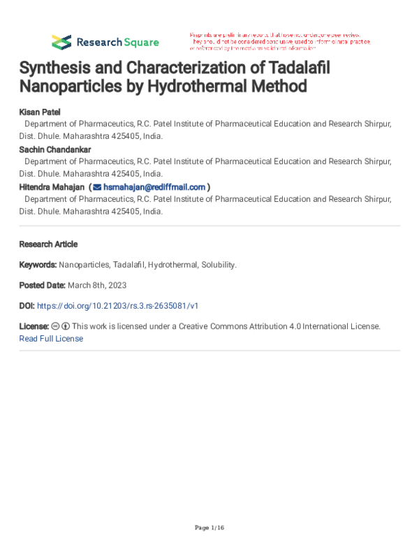 (PDF) Synthesis and Characterization of Tadalafil Nanoparticles by ...