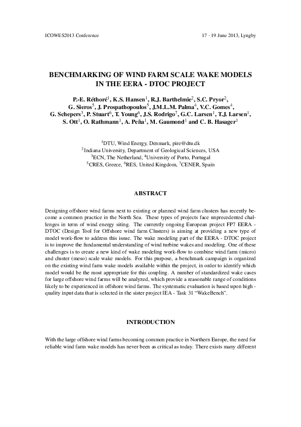 (PDF) Benchmarking of wind farm scale wake models in the EERA-DTOC project | John ...