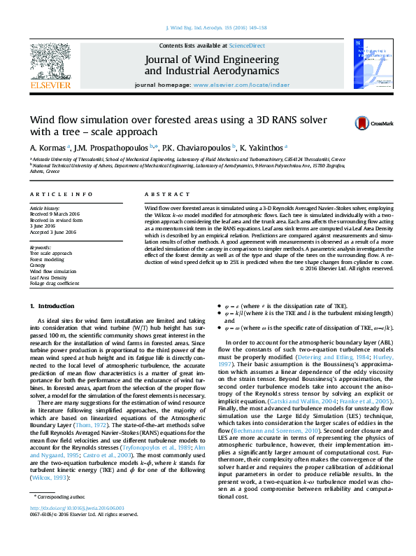Pdf Wind Flow Simulation Over Forested Areas Using A 3d Rans Solver With A Tree Scale Approach