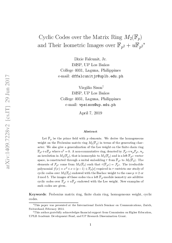 (PDF) Cyclic Codes over the Matrix Ring $M_2(F_p)$ and Their Isometric Images over $F_{p^2}+uF ...