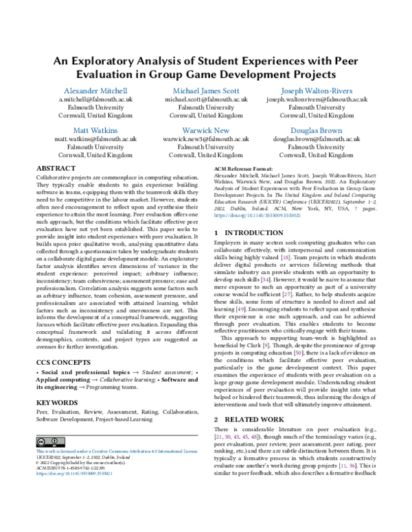 (PDF) An Exploratory Analysis of Student Experiences with Peer ...