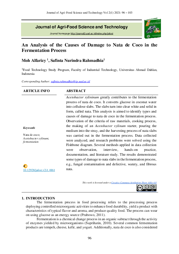 (PDF) An Analysis of the Causes of Damage to Nata de Coco in the Fermentation Process