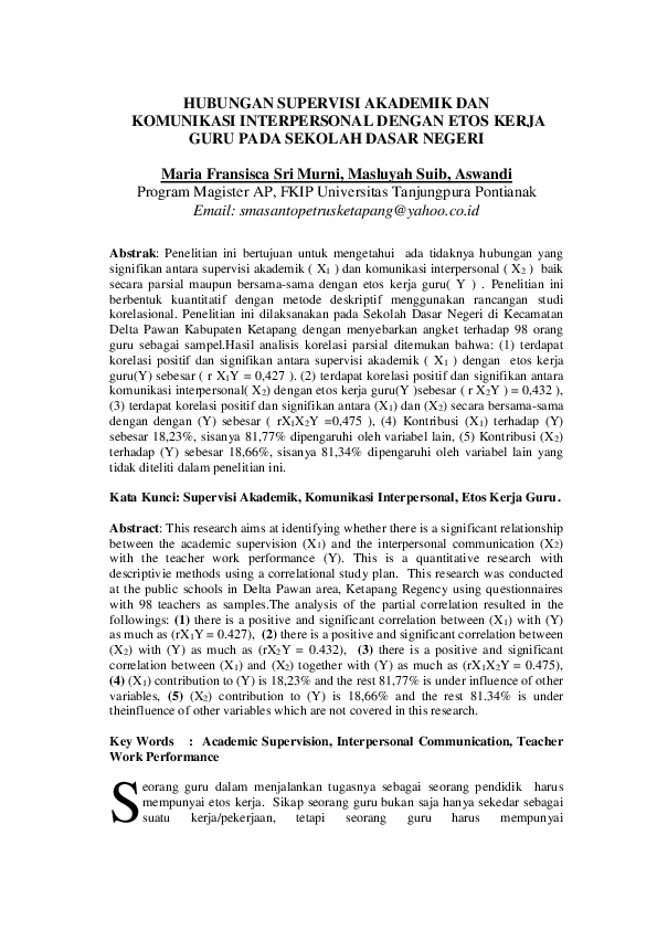(PDF) Hubungan Supervisi Akademik Dan Komunikasi Interpersonal Dengan Etos Kerja Guru Pada ...