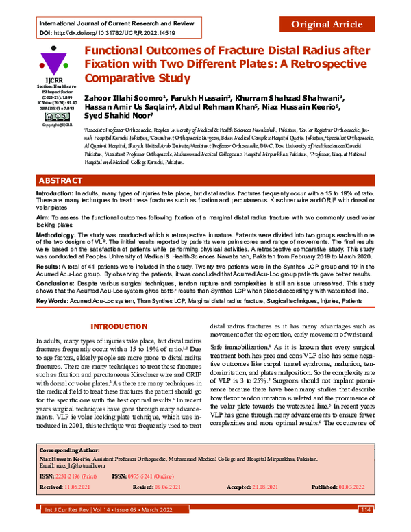 (PDF) Functional Outcomes of Fracture Distal Radius after Fixation with ...