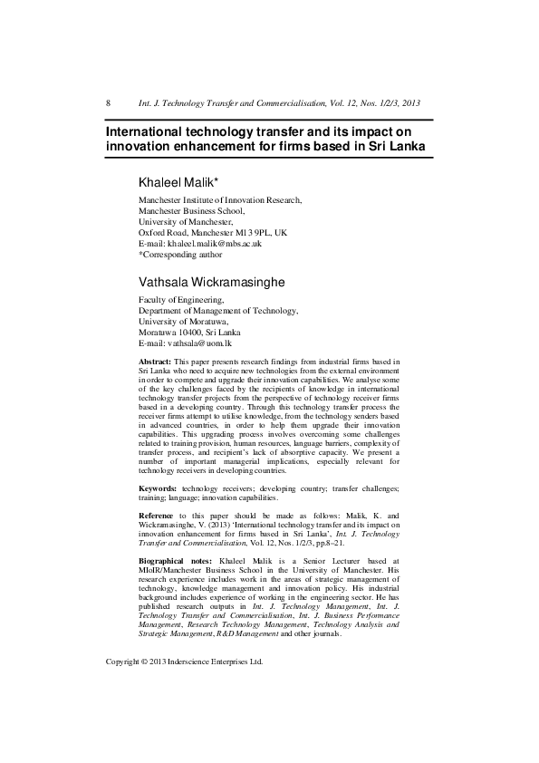 (PDF) International Technology Transfer and its Implications to ...