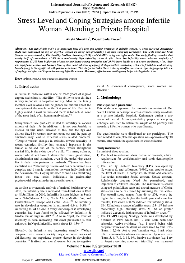 (PDF) Stress Level and Coping Strategies among Infertile Woman Attending a Private Hospital