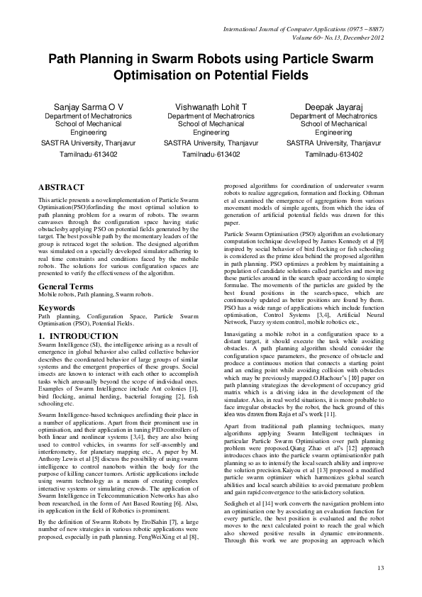 (PDF) Path Planning in Swarm Robots using Particle Swarm Optimisation on Potential Fields ...