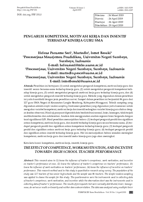 (PDF) Pengaruh Kompetensi, Motivasi Kerja Dan Insentif Terhadap Kinerja Guru Sma