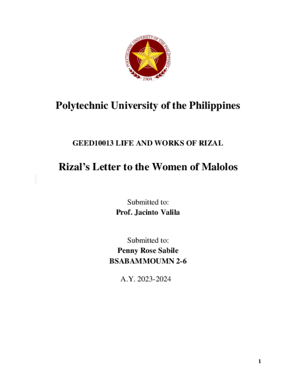(PDF) Rizal's Letter to the Women of Malolos