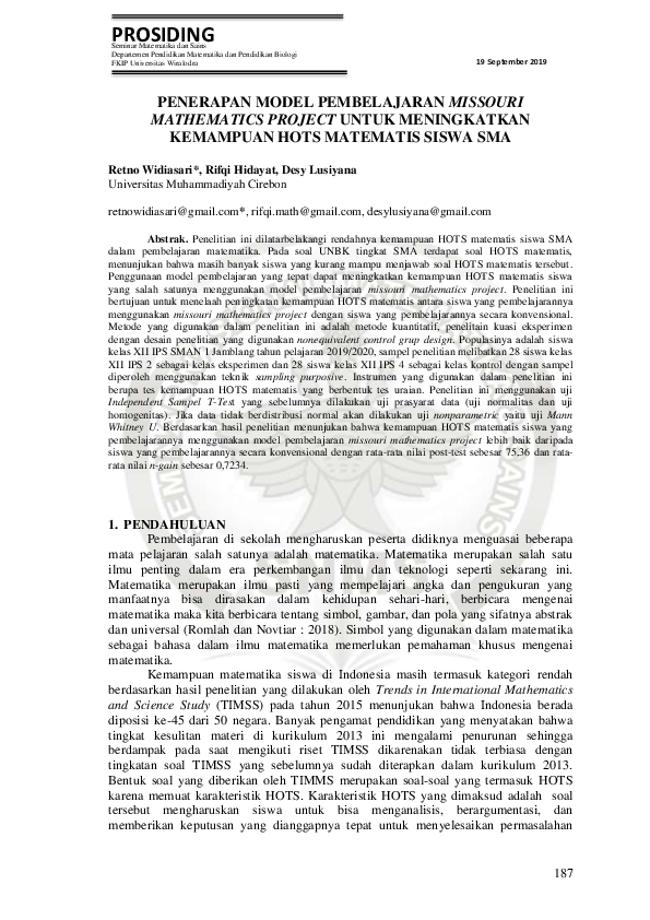 (PDF) Penerapan Model Pembelajaran Missouri Mathematics Project Untuk ...